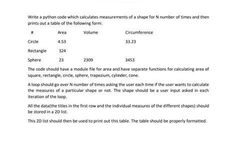 Solved Write A Python Code Which Calculates Measurements Of
