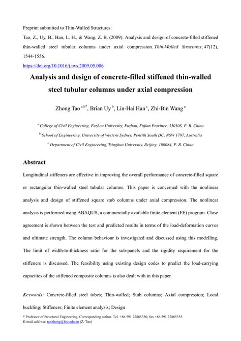 Pdf Analysis And Design Of Concrete Filled Stiffened Thin Walled Steel Tubular Columns Under
