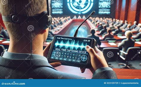 person using real time captioning device during conference focused on