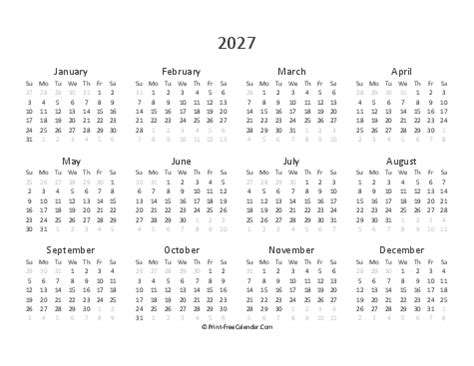 Download 2027 Annual Calendar Printable Free With Uk Bank Holidays