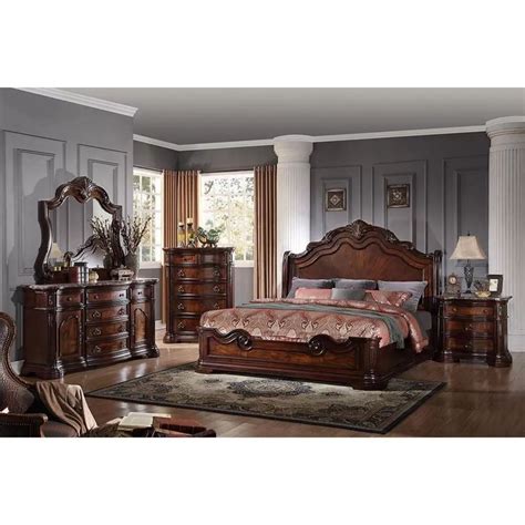 Traditional 5 Pc Eastern King Bedroom Set Solid Wood Bed Frame Marble