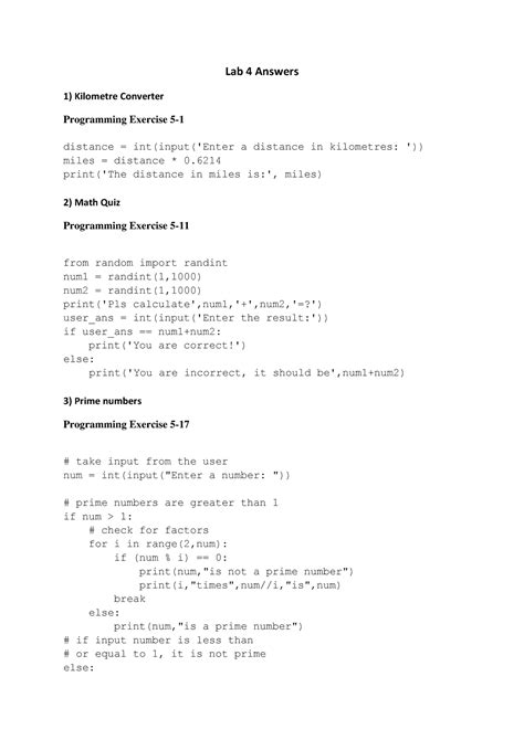 Lab 4 Solutions Lab 4 Answers Kilometre Converter Programming