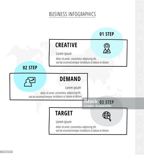 세 개의 직사각형과 원이 있는 손으로 그린 벡터 라인 인포그래픽 3단계가 있는 플랫 차트 프로세스 템플릿입니다 비즈니스 프로젝트 프리젠테이션 웹 다이어그램 콘텐츠를 위한