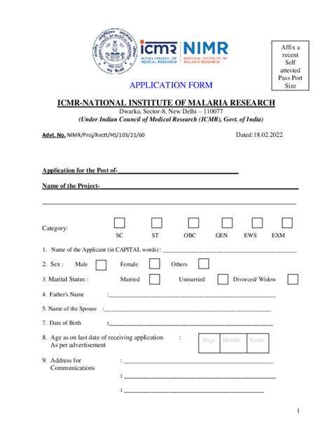 Fillable Online Application Form Icmr Nimr Fax Email Print Pdffiller