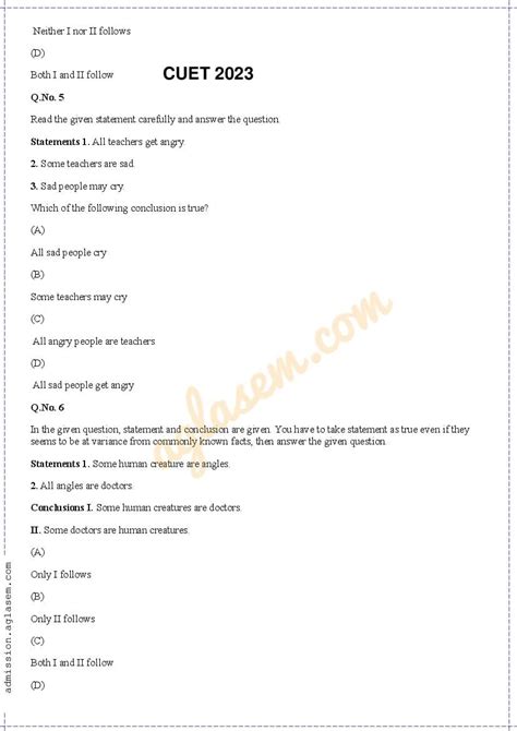 Cuet Logical And Analytical Reasoning Sample Paper 2024 Pdf Aglasem Admission