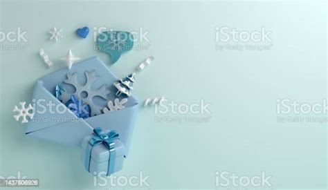 봉투 눈송이 선물 상자 복사 공간 텍스트 3d 렌더링 그림이 있는 겨울 장식 배경 12월에 대한 스톡 사진 및 기타 이미지 12월 3차원 형태 개념 Istock