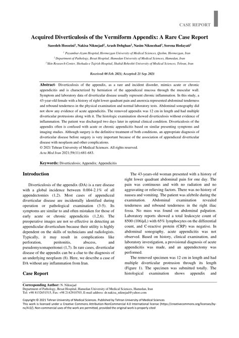 Pdf Acquired Diverticulosis Of The Vermiform Appendix A Rare Case Report