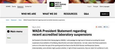 Wada President Statement On Recent Laboratory Suspensions Sports
