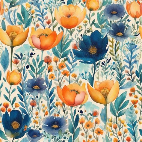 Orange Yellow And Blue Watercolor Flowers 9 Blue Floral Wallpaper