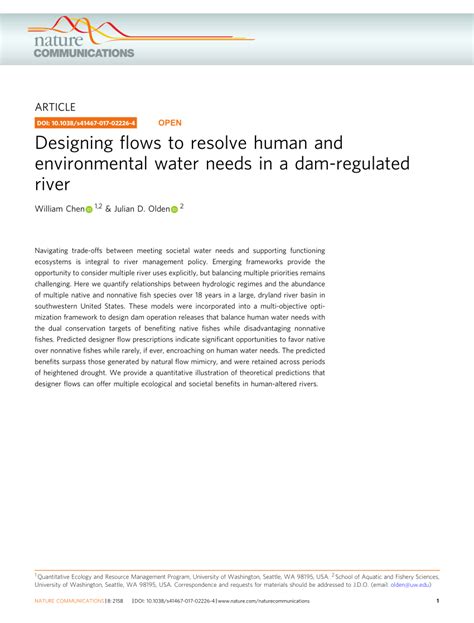 Pdf Designing Flows To Resolve Human And Environmental Water Needs In A Dam Regulated River
