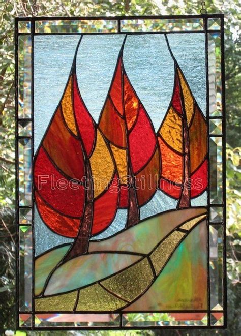 Stained Glass Pattern Fall Trees Flaming September Window Panel
