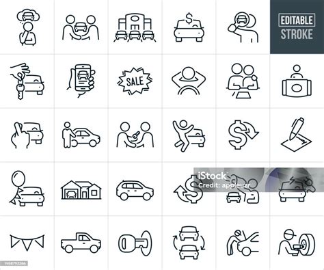 자동 판매 얇은 선 아이콘 편집 가능한 스트로크 아이콘에는 자동차 대리점 자동차 판매 자동차 세일즈맨 고객 신차 구매 자동차 구매가 포함됩니다 아이콘에 대한 스톡 벡터 아트