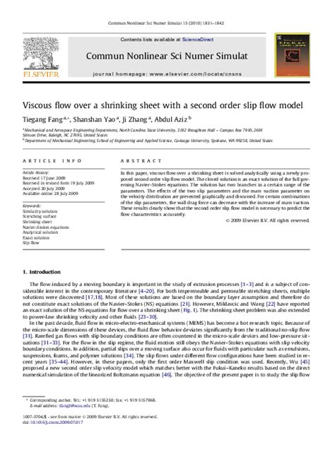 Pdf Viscous Flow Over A Shrinking Sheet With A Second Order Slip Flow