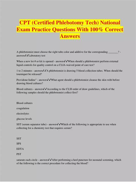 Cpt Certified Phlebotomy Tech National Exam Practice Questions With