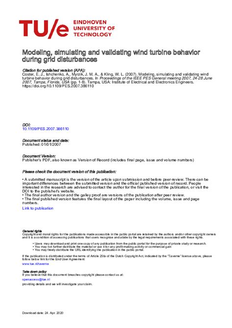 Pdf Modeling Simulating And Validating Wind Turbine Behavior During