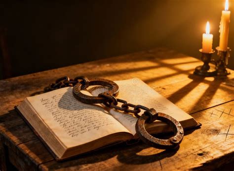 Rusty Handcuffs And Chain Resting On Old Handwritten Book Illuminated
