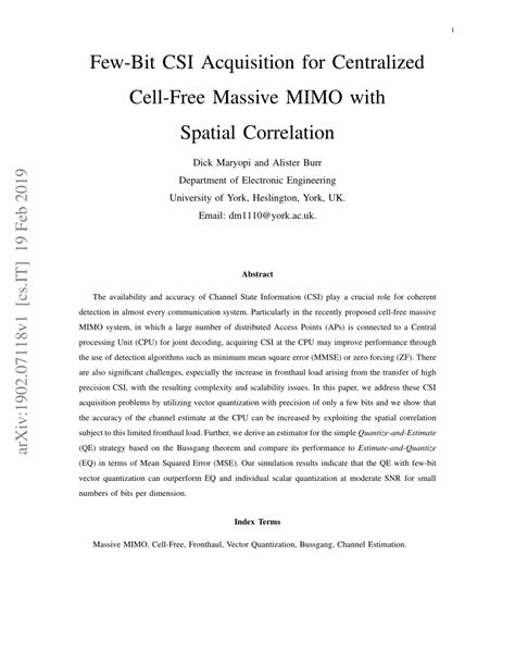 Pdf Few Bit Csi Acquisition For Centralized Cell Free Massive Mimo With Spatial Correlation