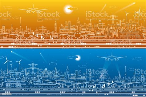 공항 파노라마 세트입니다 승객은 비행기로 이동합니다 항공 여행 교통 인프라입니다 비행기는 활주로에 있습니다 배경 벡터 디자인 아트에 밤 도시 청사진에 대한 스톡 벡터 아트