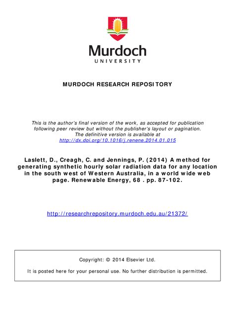 Generating Synthetic Hourly Solar Radiation Data M Urd Och Research Reposi Tory This Is T He