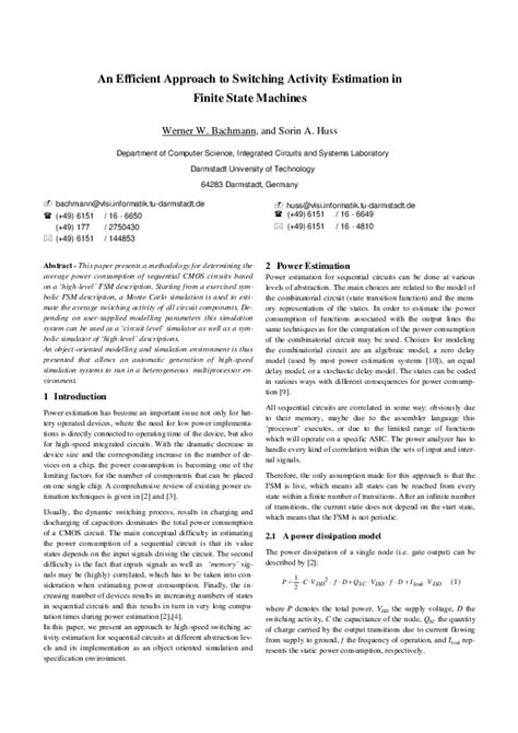 pdf an efficient approach to switching activity estimation in finite state machines sorin