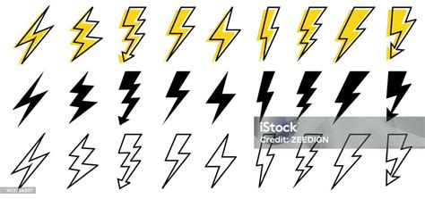 번개 섬광 아이콘 세트 플랫 스타일의 썬더 볼트 개요 그래픽 요소 벡터입니다 검은색 윤곽선과 노란색 아이콘 세트 전원 전압 표시 검은색에 대한 스톡 벡터 아트 및 기타