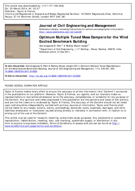 Pdf Optimum Multiple Tuned Mass Dampers For The Wind Excited Benchmark Building