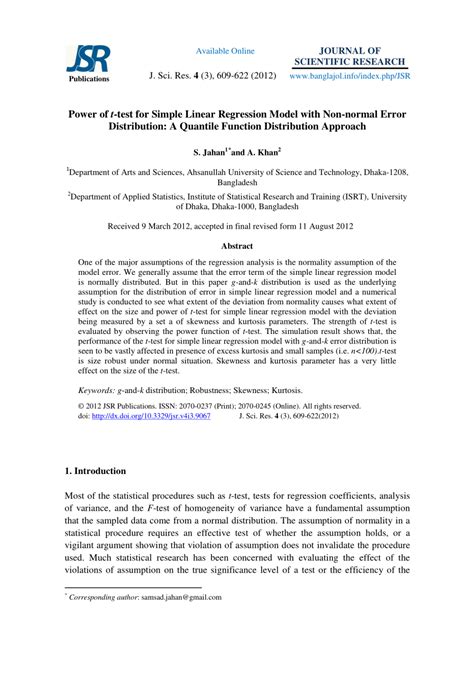 Pdf Power Of T Test For Simple Linear Regression Model With Non Normal Error Distribution A