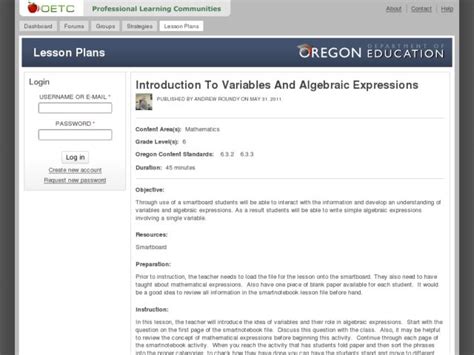 Introduction To Variables And Algebraic Expressions Lesson Plan For 6th