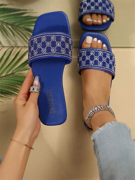 Glamorous Blue Sandals For Women Rhinestone Decor Single Band Slide