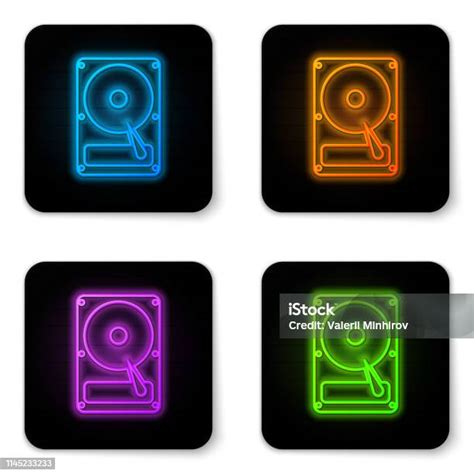 빛나는 네온 하드 디스크 드라이브 Hdd 아이콘 흰색 배경에 고립 검은색 사각형 단추입니다 벡터 일러스트 0명에 대한 스톡 벡터 아트 및 기타 이미지 Istock