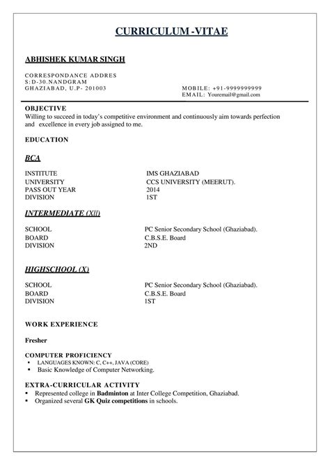 Download Fresher Resume Format Free Page