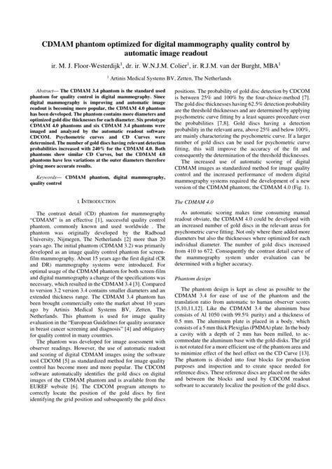 Pdf Cdmam Phantom Optimized For Digital Mammography Quality Control By Automatic Image Readout