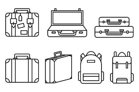 수하물 아이콘 설정 및 수집 배낭 핸드백 여행 가방 서류 가방 메신저 가방 트롤리 여행 가방 가는 선 아이콘입니다 편집 가능한 획 아이콘입니다 벡터 그림입니다 가방에 대한