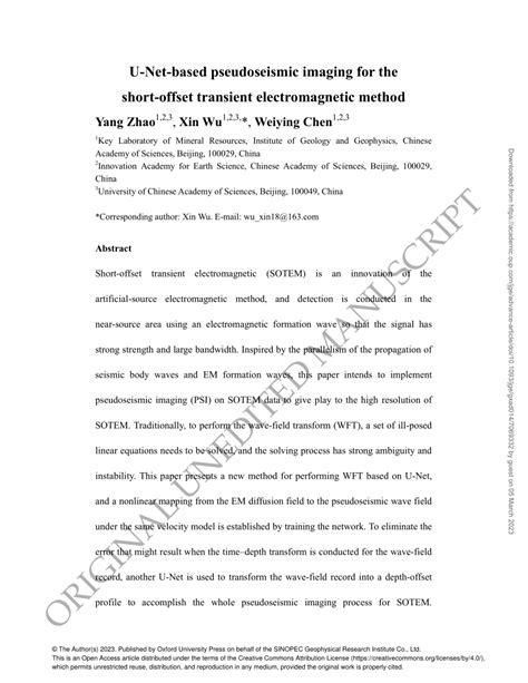 Pdf U Net Based Pseudoseismic Imaging For The Short Offset Transient Electromagnetic Method