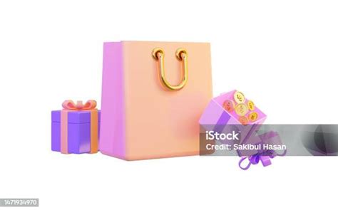 흰색 배경에 선물 상자 동전 아이콘이 있는 쇼핑백 3d 렌더링 개념 쇼핑 판매 제공 3차원 형태에 대한 스톡 사진 및 기타 이미지 3차원 형태 가득 찬 가방 Istock