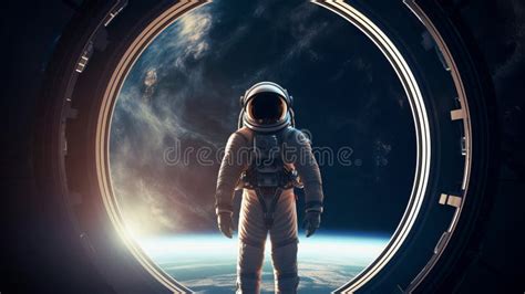 Spaceman In A Spacesuit Stands In Front Of Spaceship Circle Window