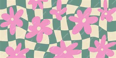 Premium Vector Groovy Checkered Daisy Flowers Background Retro 70s