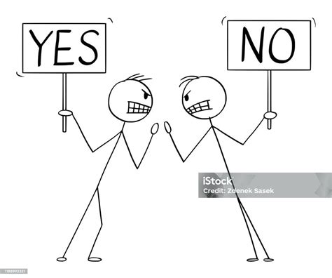 두 화가 남자 또는 사업가의 벡터 만화 일러스트 는 싸움에 말다툼 또는 손에 예와 아니오 징후와 논쟁 언쟁에 대한 스톡 벡터