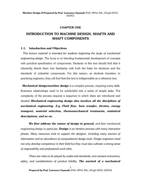 Machie Design Lecture Materials IAENG CHAPTER ONE INTRODUCTION TO MACHINE DESIGN SHAFTS