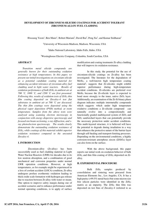Pdf Development Of Zirconium Silicide Coatings For Accident Tolerant Zirconium Alloy Fuel Cladding