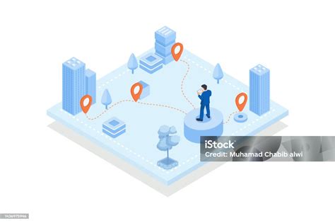 스마트폰을 가진 남자가 도시 거리에 서 있고 지도 핀 네트워크가 있는 개념적 템플릿입니다 위치 검색 탐색 응용 프로그램 아이소메트릭 벡터 현대 일러스트레이션을 위한 기술에