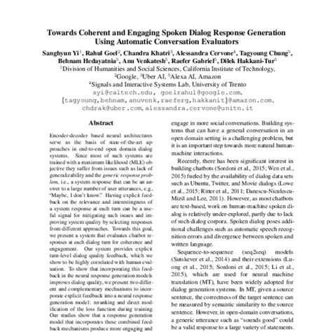 Towards Coherent And Engaging Spoken Dialog Response Generation Using Automatic Conversation