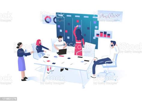 민첩한 방법론 프로젝트 관리 개념에 대한 Scrum 또는 Kanban 팀웍 테이블 주위에 앉아서 스티커 메모와 작업 보드 근처에 논의 하는 작업자의 그룹 플랫 벡터