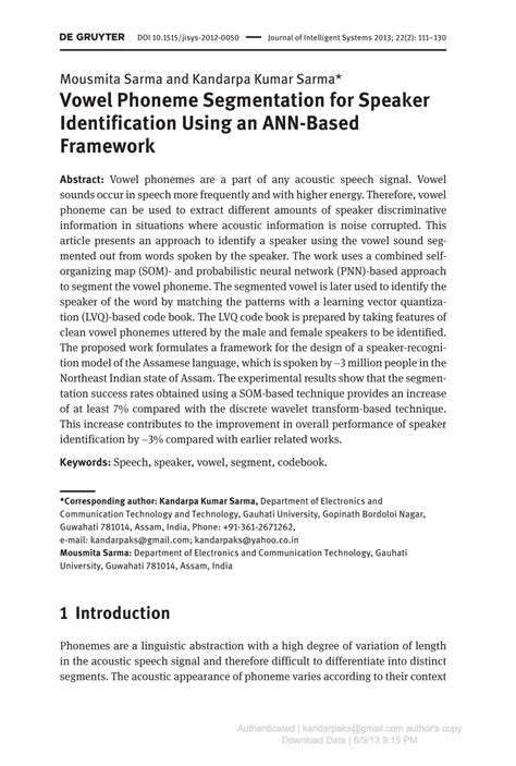 Pdf Vowel Phoneme Segmentation For Speaker Identification Using An