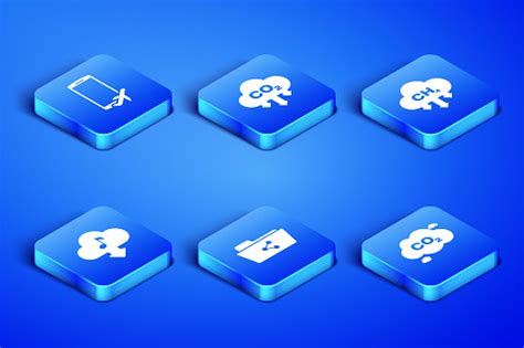 클라우드에서 Co2 배출량 설정 모바일 비행 모드 폴더 공유 클라우드 다운로드 음악 및 메탄 감소 아이콘 벡터 3차원 형태에 대한 스톡 벡터 아트 및 기타 이미지 Istock