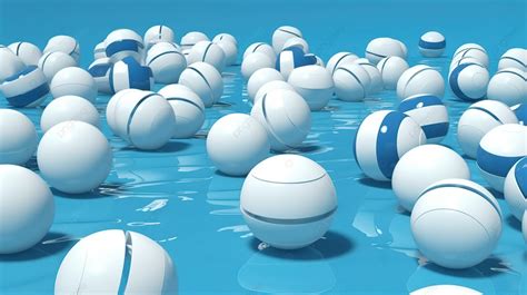 3d 모델 둥근 원형 모양의 물에 둥근 흰색 계란 3d 렌더링 많은 흰색 및 파란색 구명 부표와 밝은 파란색 배경에 떠 있는 비치 볼 고화질 사진 사진 배경 일러스트