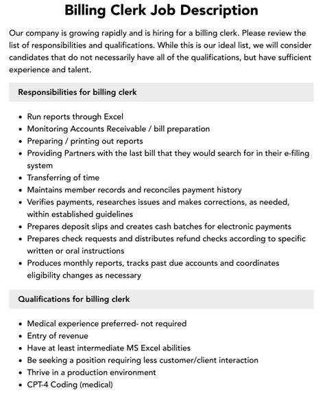 Billing Clerk Job Description Velvet Jobs