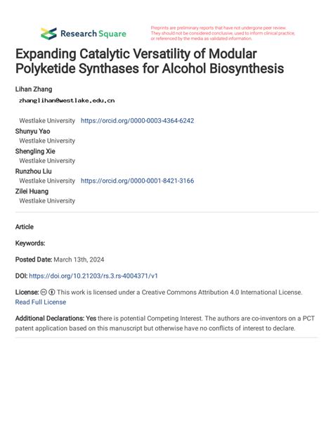 Pdf Expanding Catalytic Versatility Of Modular Polyketide Synthases For Alcohol Biosynthesis