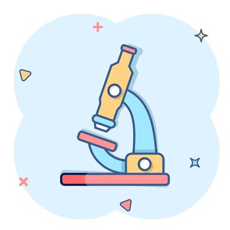 만화 스타일의 현미경 아이콘 격리 된 배경에 실험실 돋보기 만화 벡터 일러스트 레이 션 생물학 악기 스플래시 효과 기호 비즈니스 개념 프리미엄 벡터