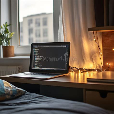 Laptop Coding At Night Cozy Home Office Setup Programmer Workspace Illuminated By Fairy
